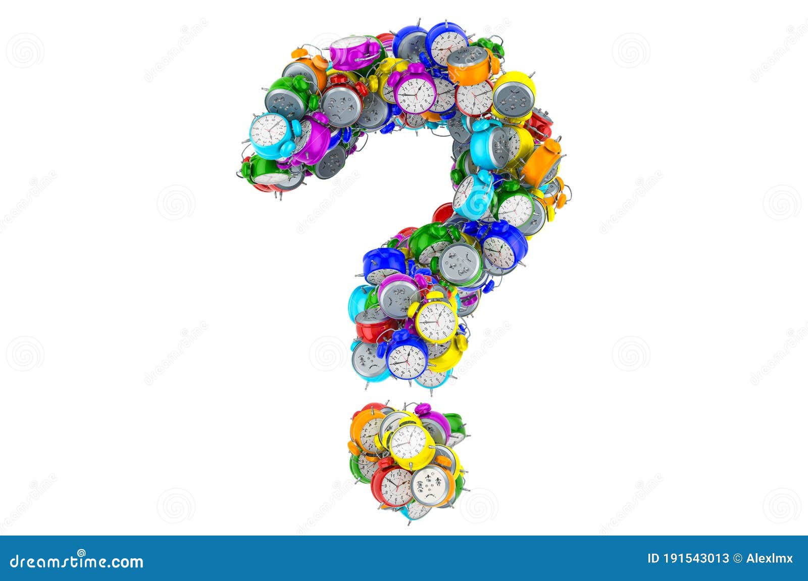 Question Mark from Colored Alarm Clocks, 3D Rendering Stock ...