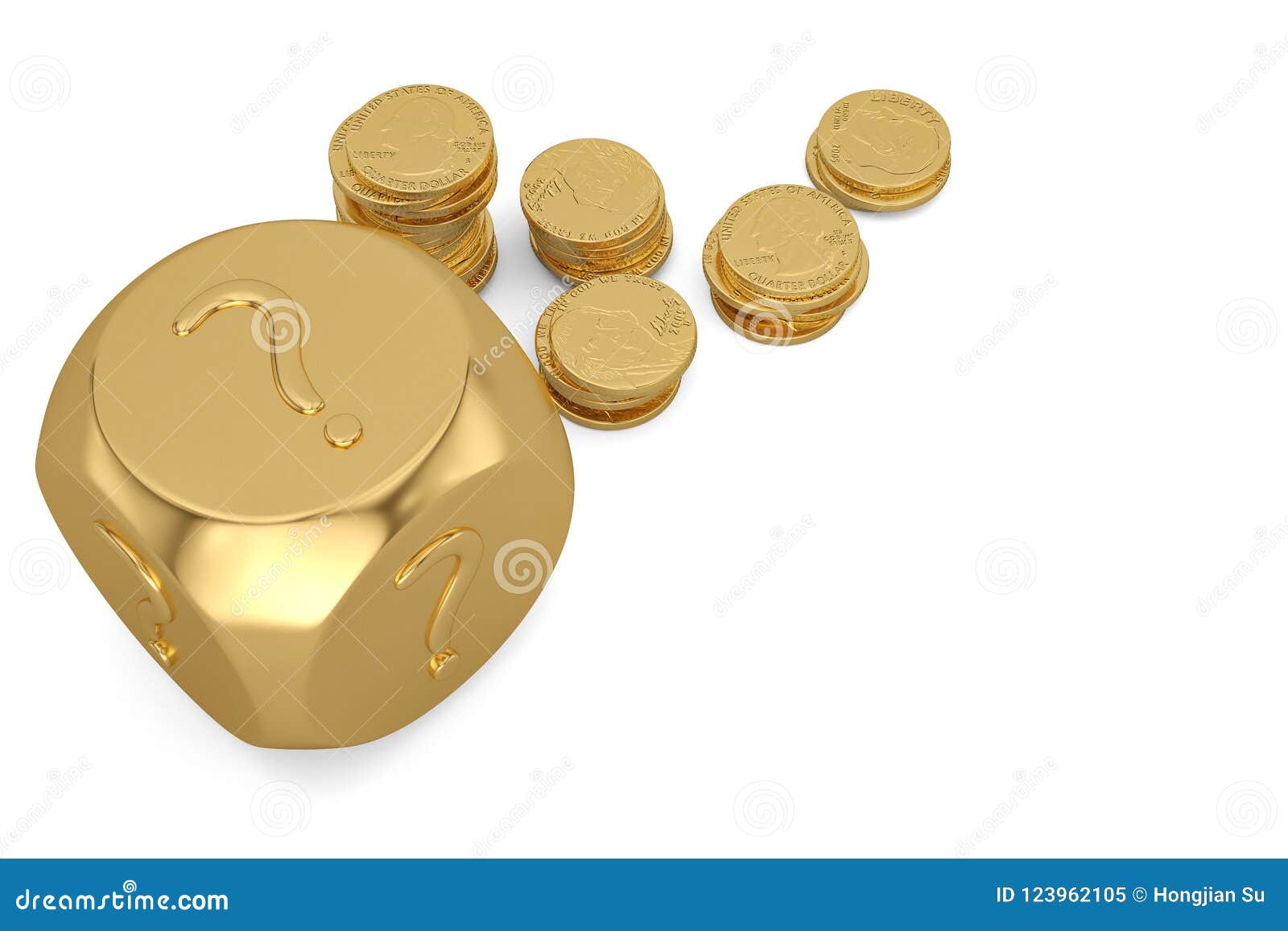 The Question Mark on Gold Dice and Gold Coin Stacks.3D Illustration ...