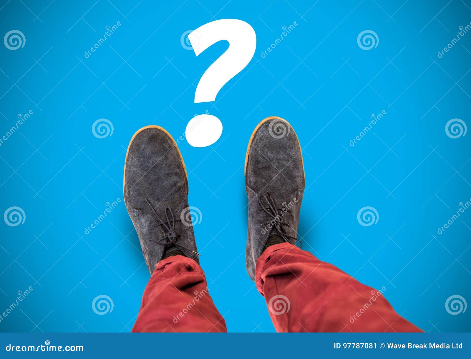 Question Mark and Grey Shoes on Feet with Blue Background Stock Image ...