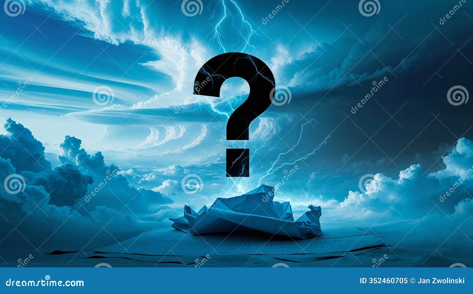 Question Mark Hovering Over Crumpled Paper Under Stormy Sky Stock ...