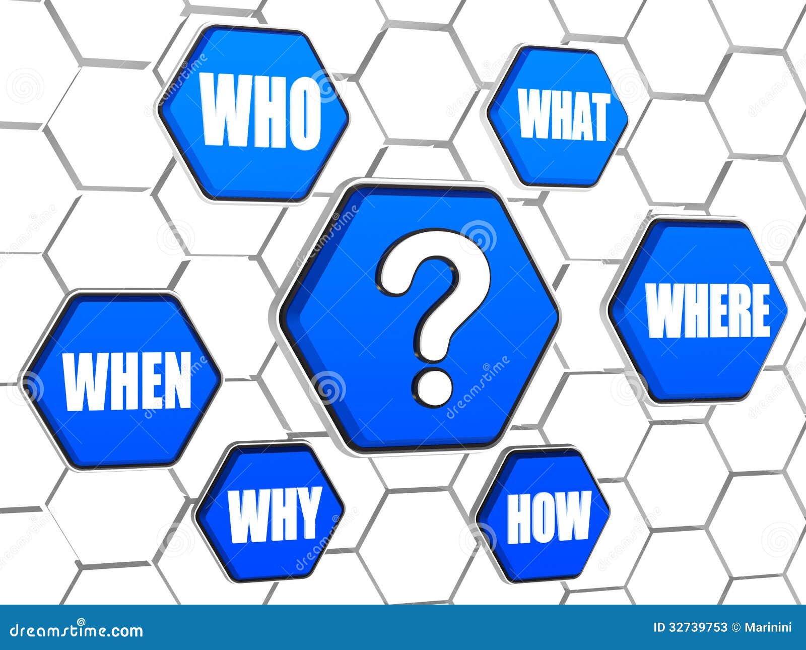 Question-mark and Question Words in Blue Hexagons Stock Illustration ...