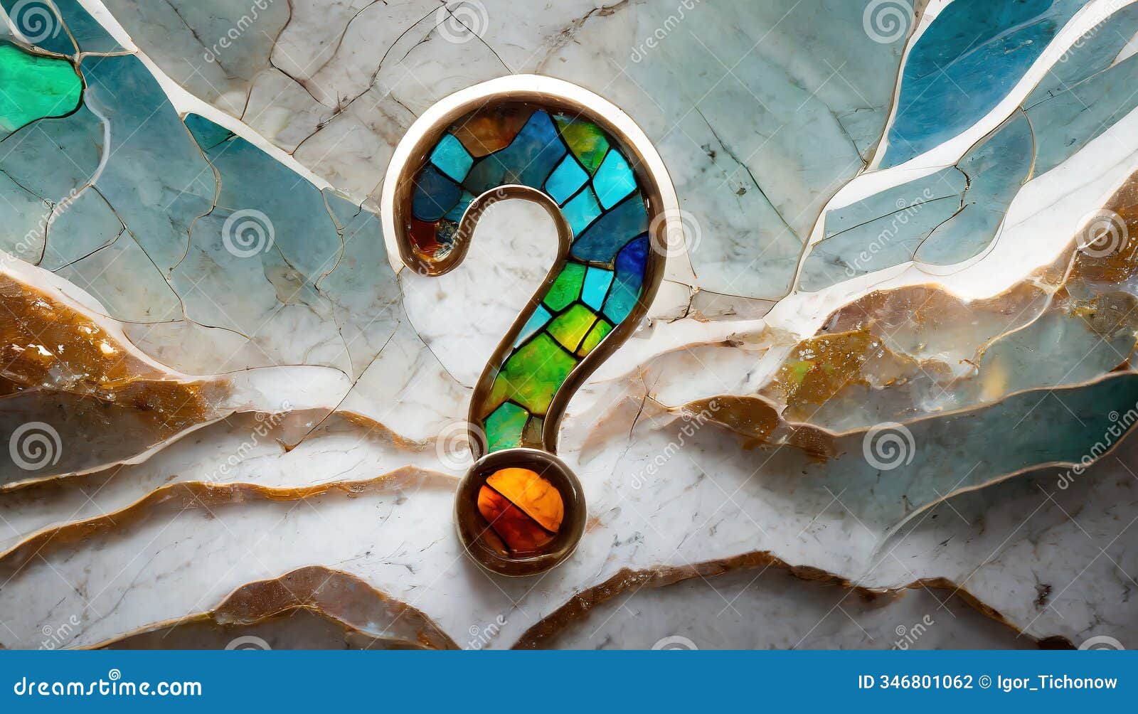 A Question Mark Rendered in Stained Glass Surrounded by a Marble-like ...