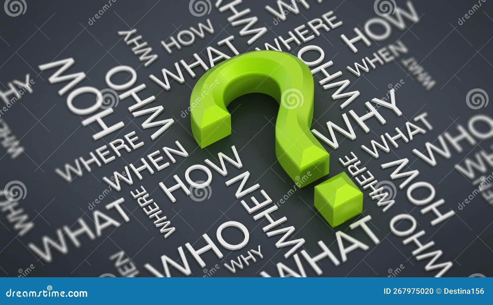 Question Mark and Question Words on Gray Surface. 3D Illustration Stock ...