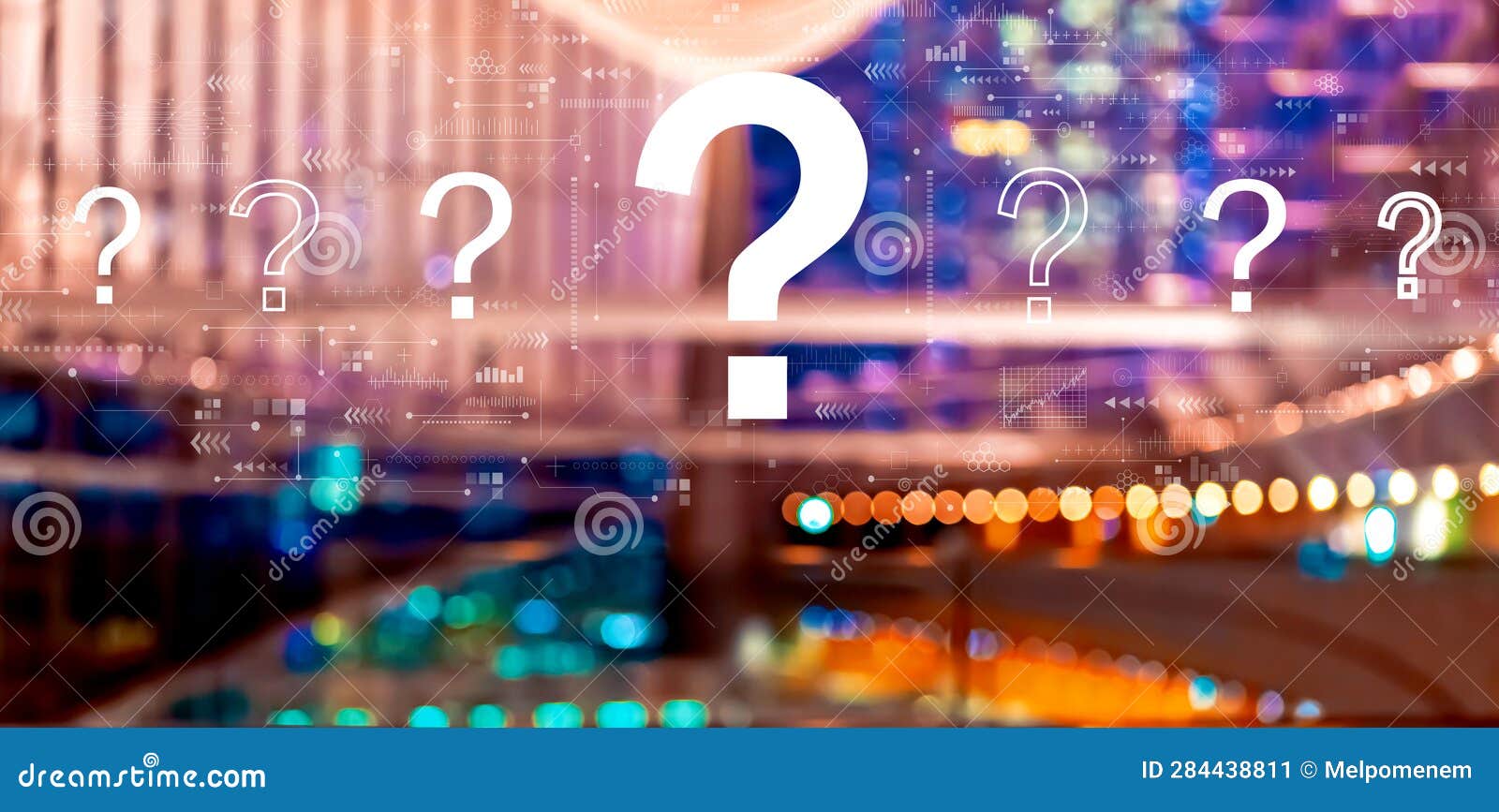 Question Marks with Big City at Night Stock Image - Image of solution ...