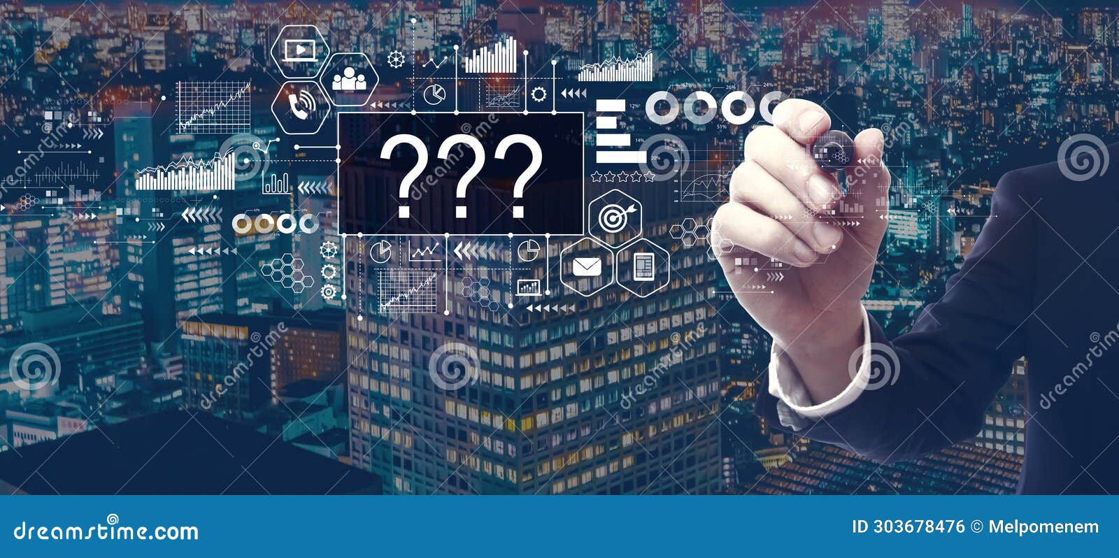 Question Marks with Businessman in City at Night Stock Photo - Image of ...