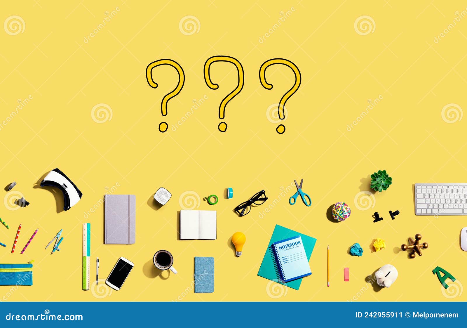 Question Marks with Electronic Gadgets and Office Supplies Stock ...