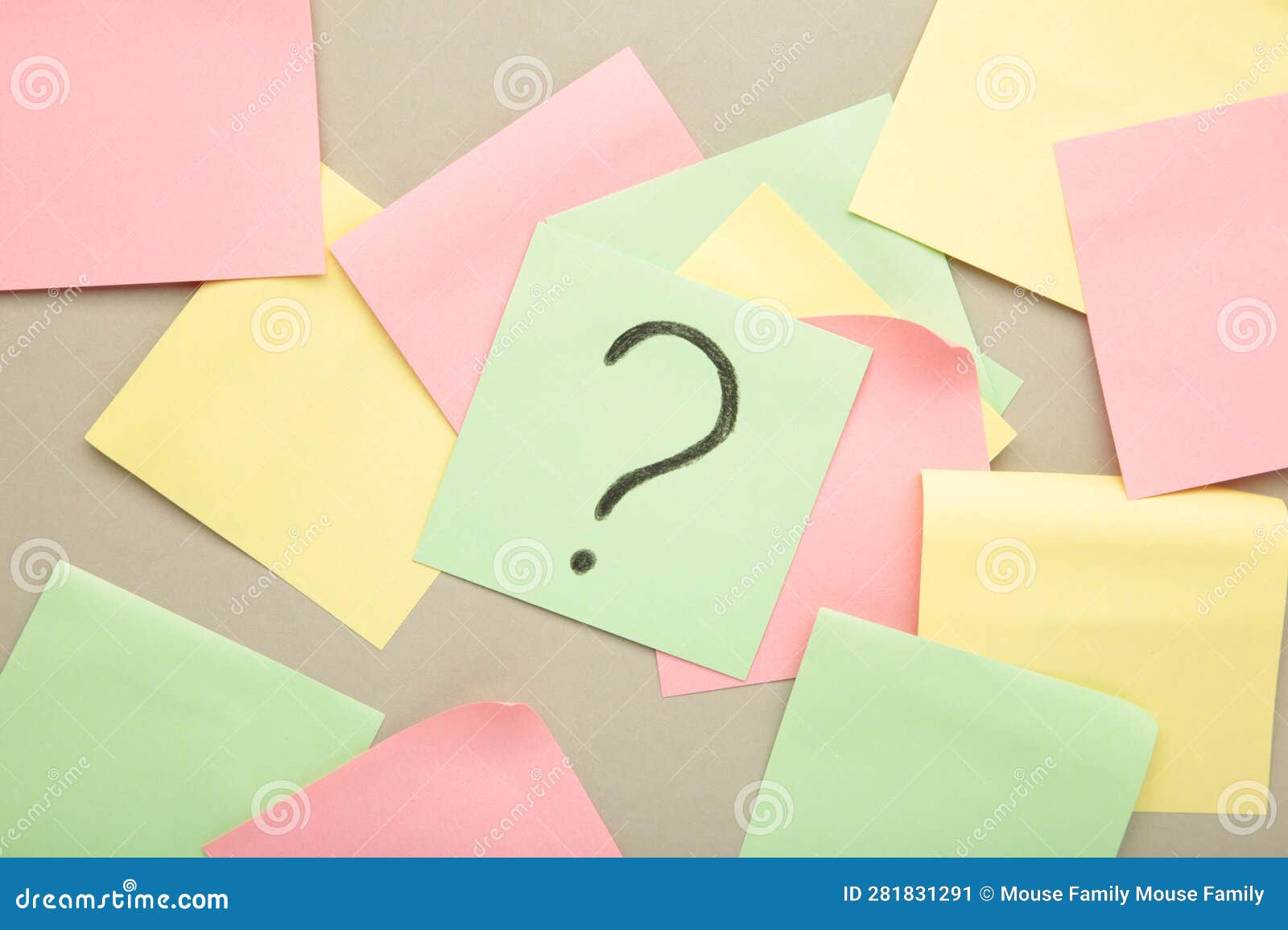 Question Marks on Colour Stickers on Grey Background. Top View Stock ...