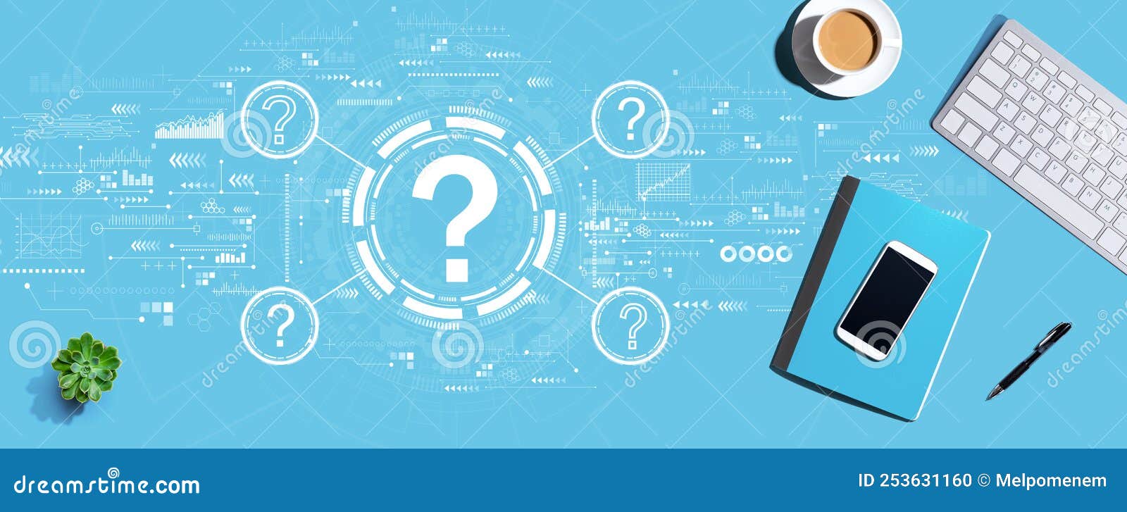 Question Marks with Computer Keyboard and Office Items Stock Photo ...