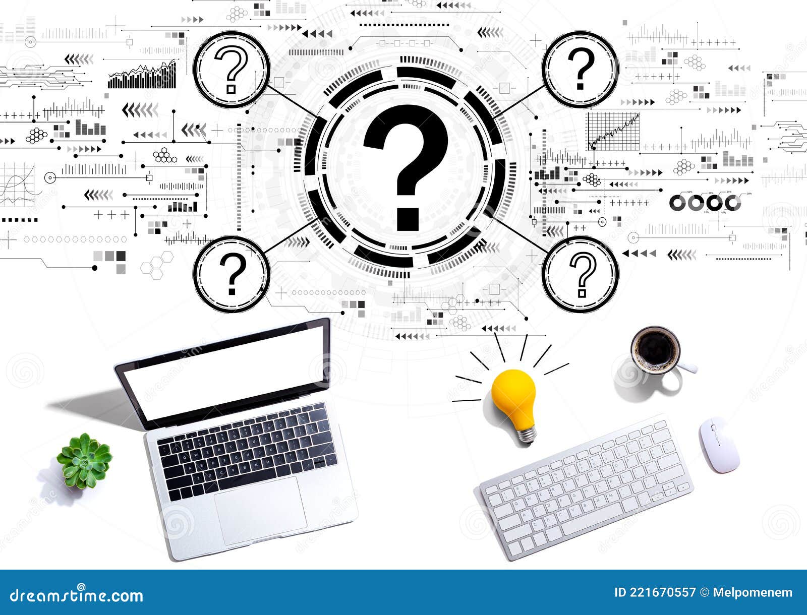 Question Marks with Computers with a Light Bulb Stock Image - Image of ...
