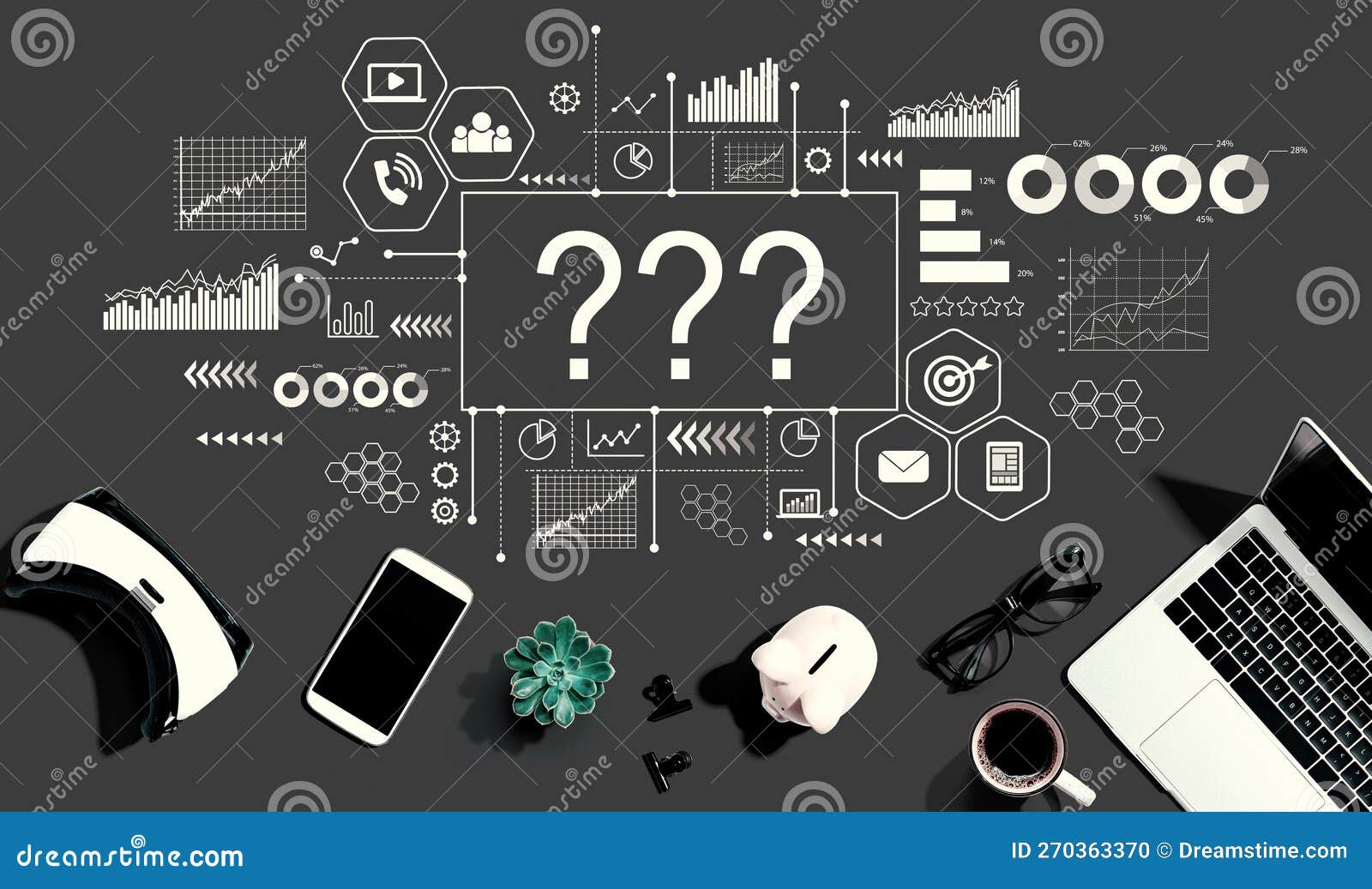 Question Marks with Electronic Gadgets and Office Supplies Stock Photo ...