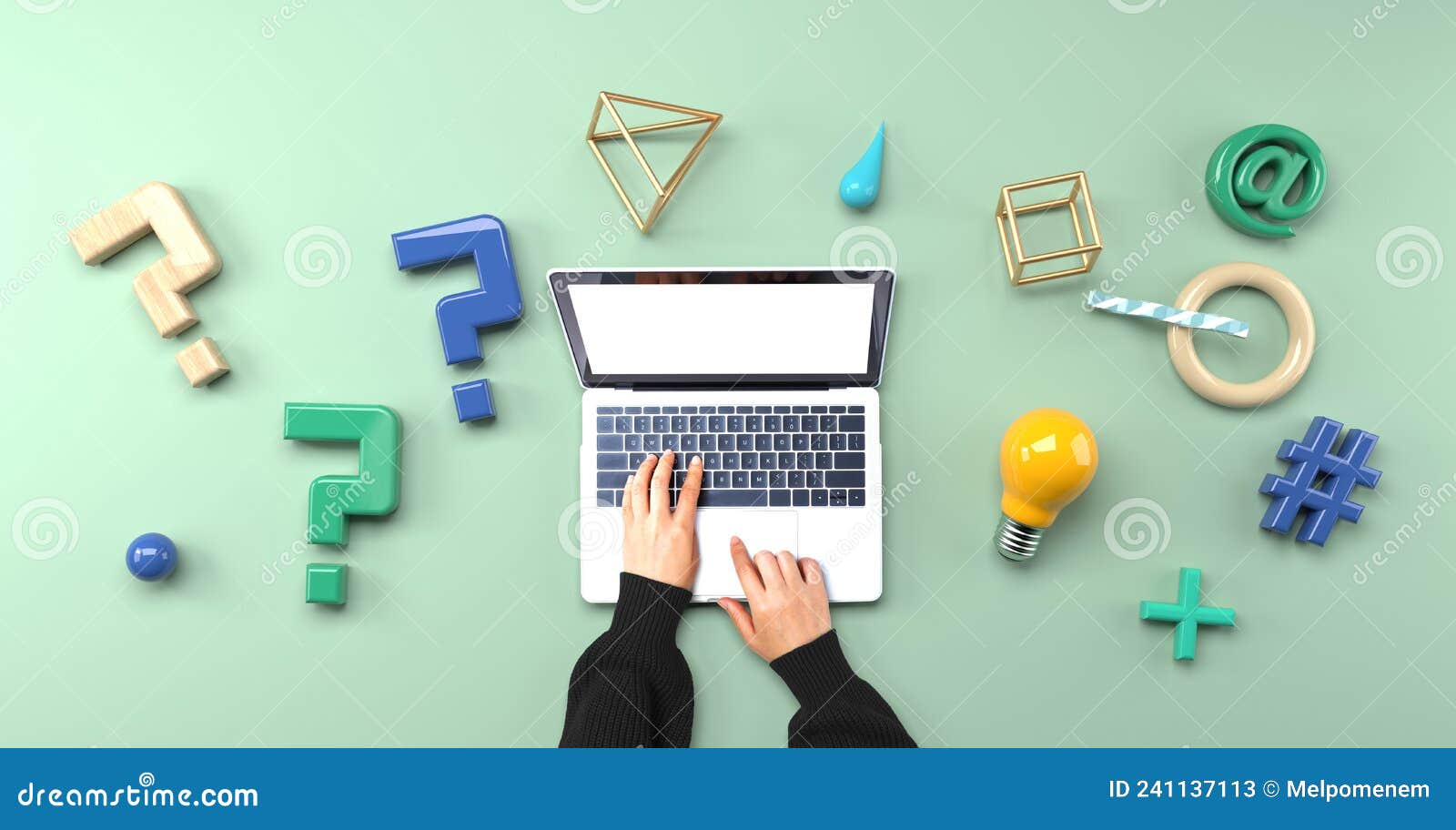 Question Marks and Geometric Shapes with Person Using a Laptop Computer ...