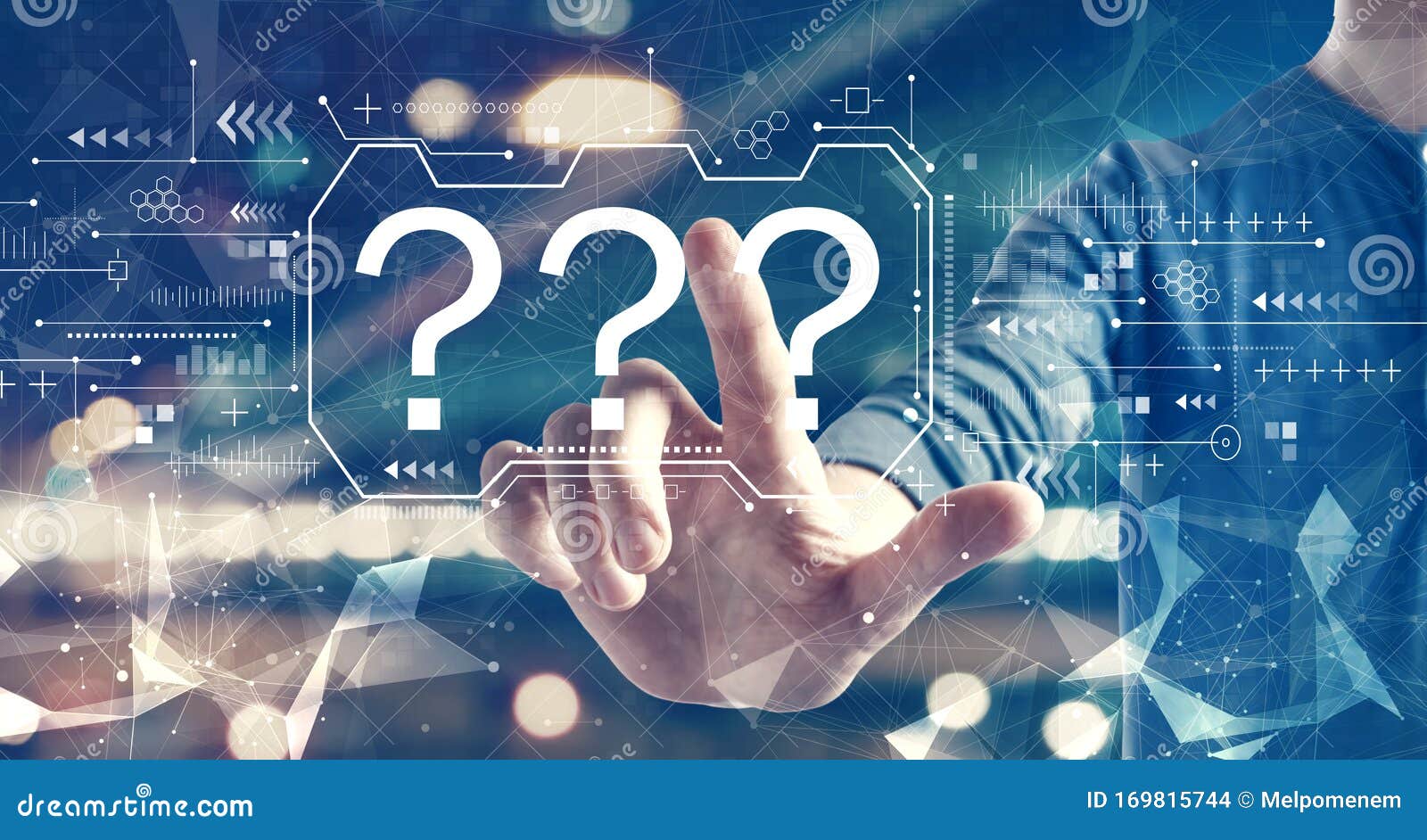 Question Marks with a Man on City Background Stock Photo - Image of ...