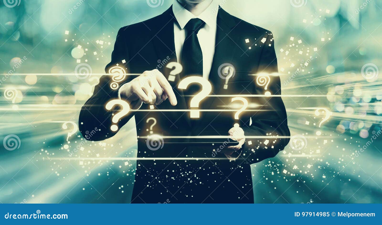 Question Marks with Man Holding a Tablet Stock Image - Image of choice ...