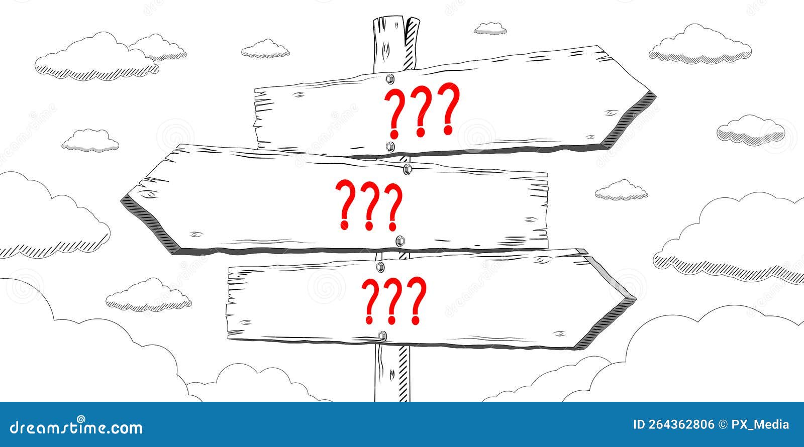 Question Marks - Outline Signpost with Three Arrows Stock Illustration ...