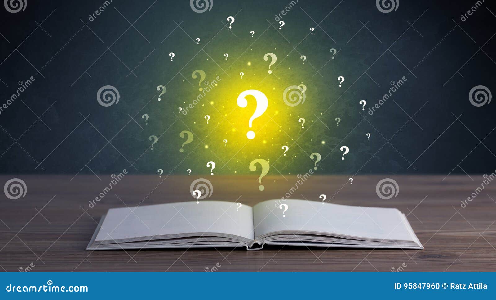 Question marks over book stock photo. Image of indecision - 95847960