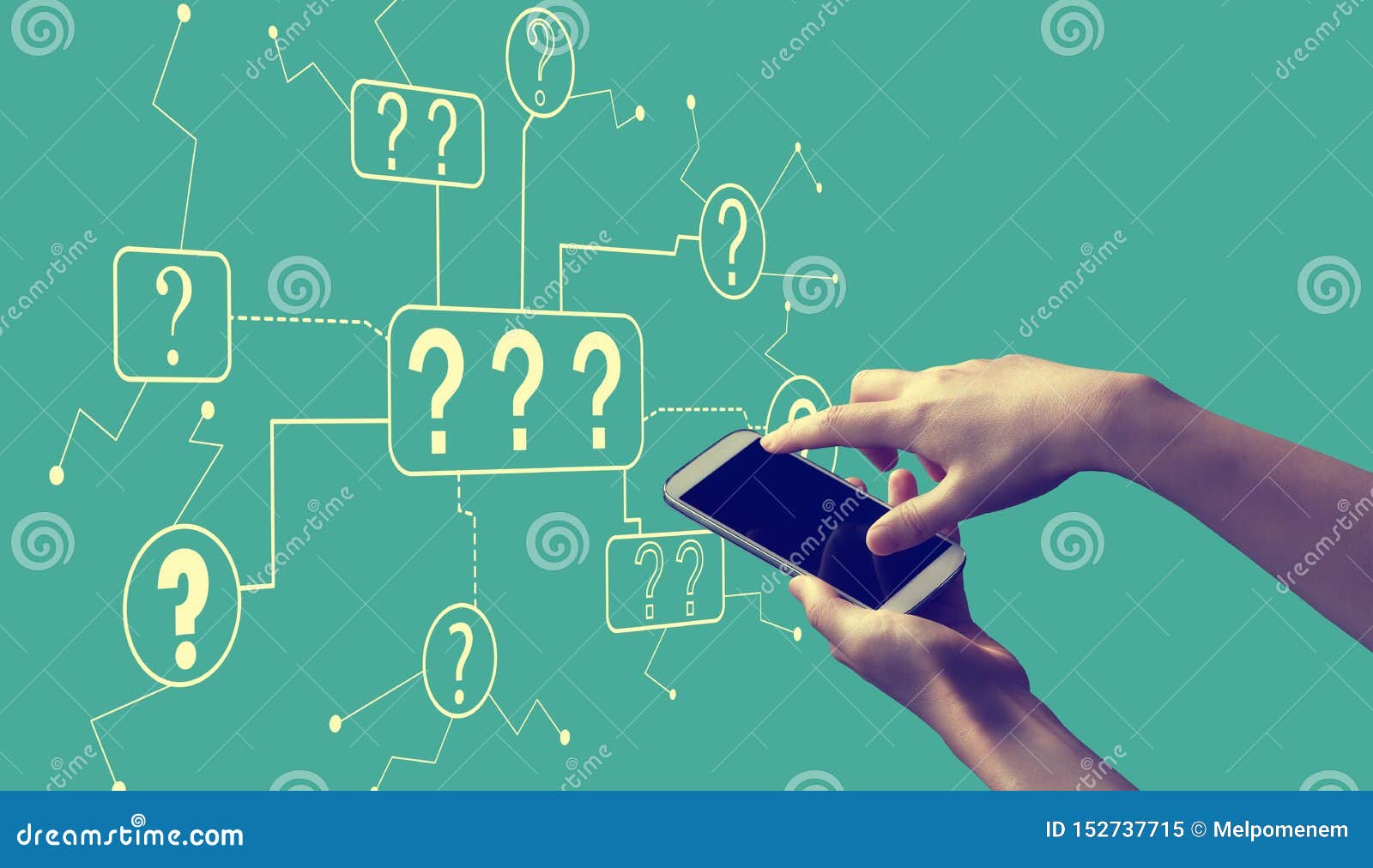 Question Marks with Person Holding Smartphone Stock Image - Image of ...