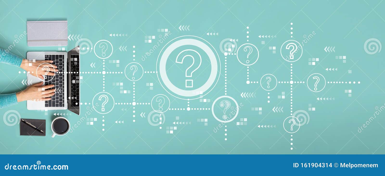 Question Marks with Person Using Laptop Stock Photo - Image of question ...