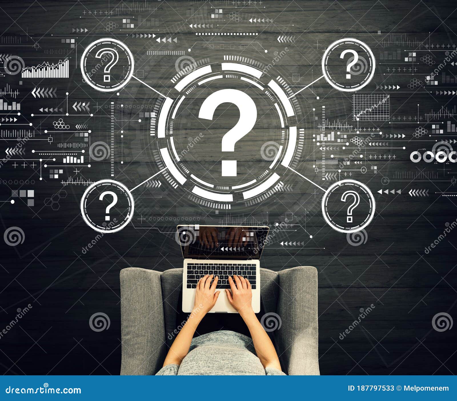 Question Marks with Person Using a Laptop Stock Image - Image of chair ...