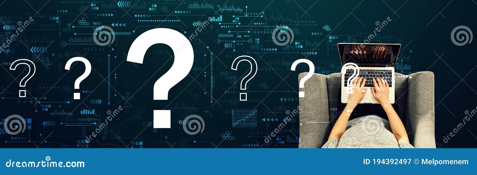 Question Marks with Person Using a Laptop Stock Illustration ...
