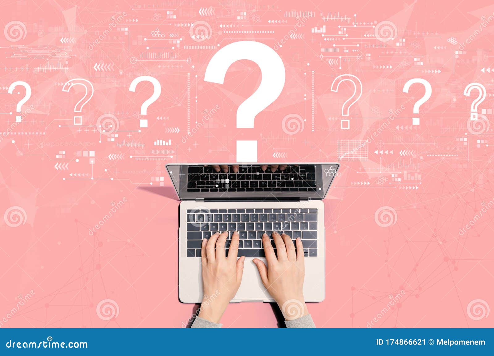 Question Marks with Person Using Laptop Stock Image - Image of concept ...