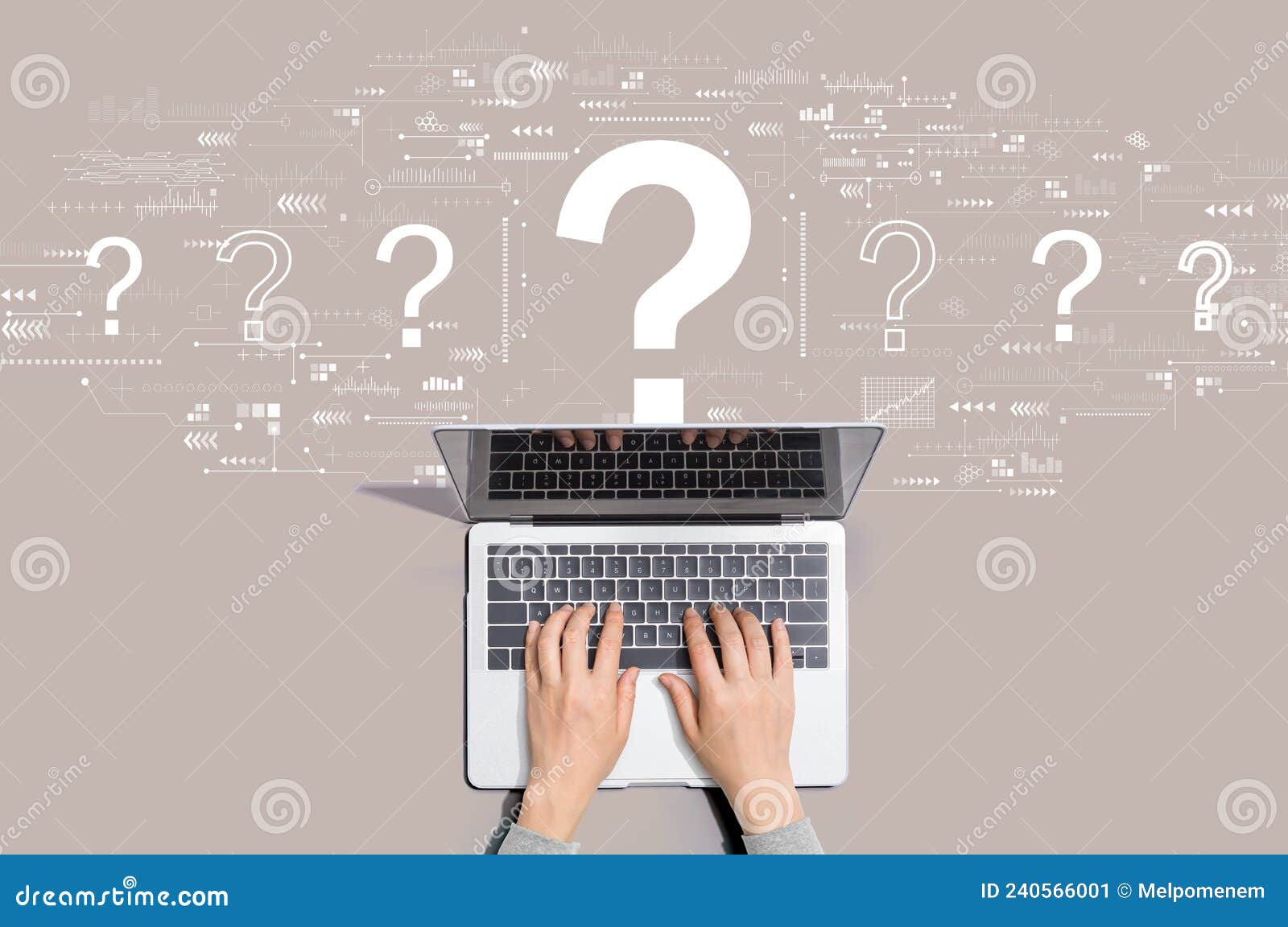 Question Marks with Person Using Laptop Stock Illustration ...