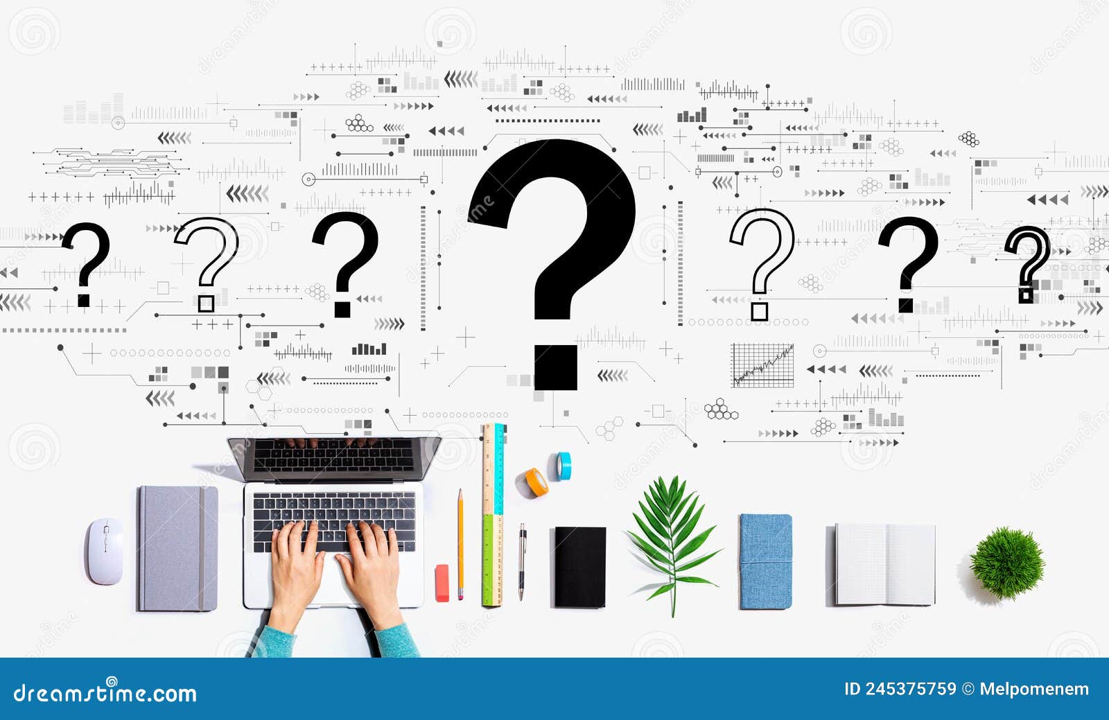 Question Marks with Person Using a Laptop Stock Illustration ...