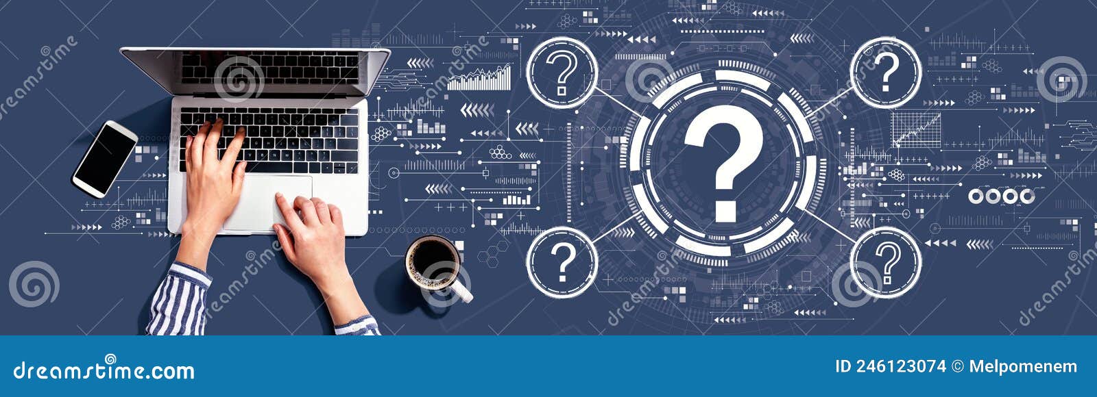 Question Marks with Person Using Laptop Stock Photo - Image of ...