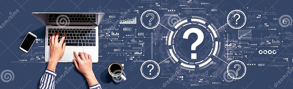 Question Marks with Person Using Laptop Stock Photo - Image of ...