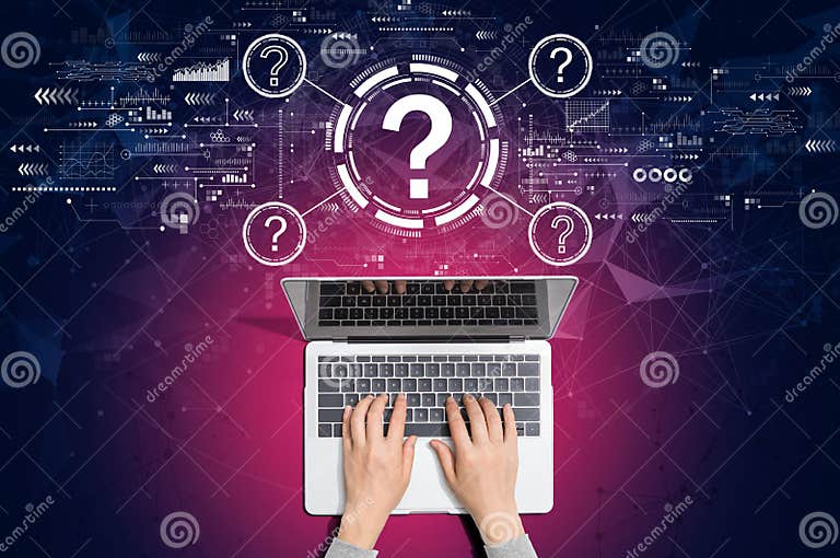 Question Marks with Person Using Laptop Stock Photo - Image of mark ...