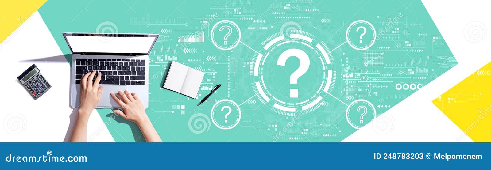 Question Marks with Person Using a Laptop Stock Illustration ...