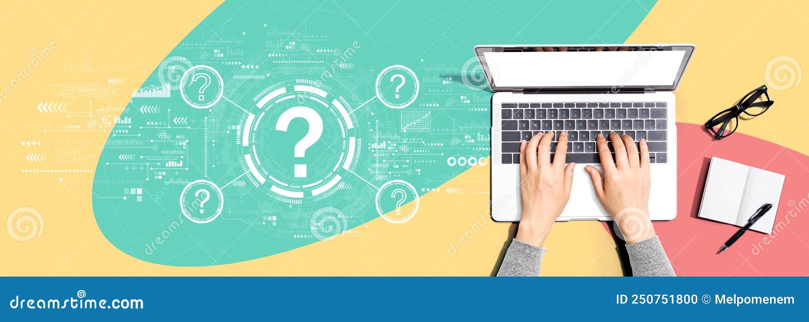 Question Marks with Person Using a Laptop Stock Photo - Image of hand ...