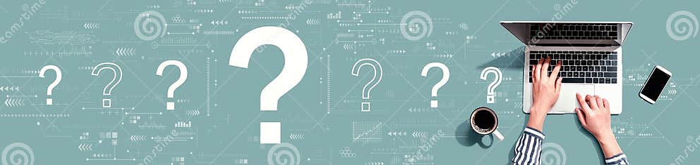 Question Marks with Person Using Laptop Stock Illustration ...