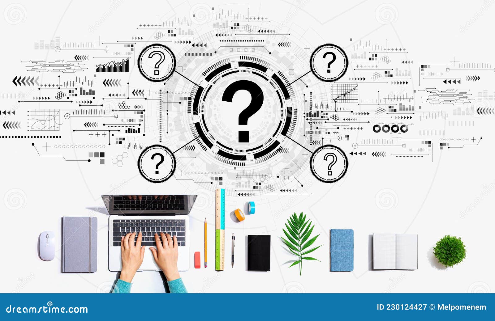 Question Marks with Person Using a Laptop Stock Image - Image of ...