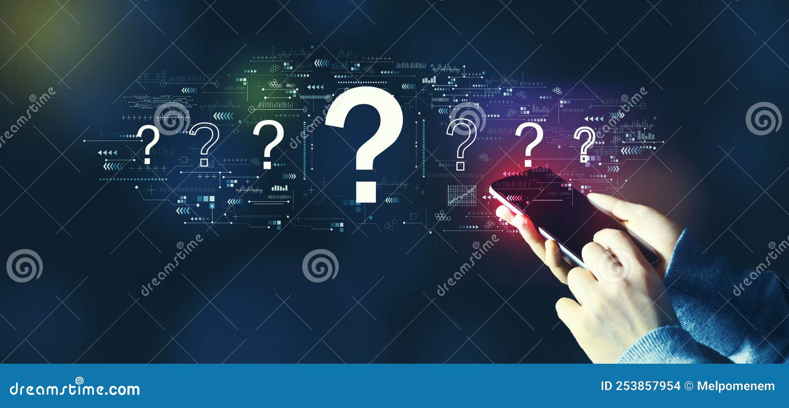 Question Marks with Person Using Smartphone Stock Illustration ...