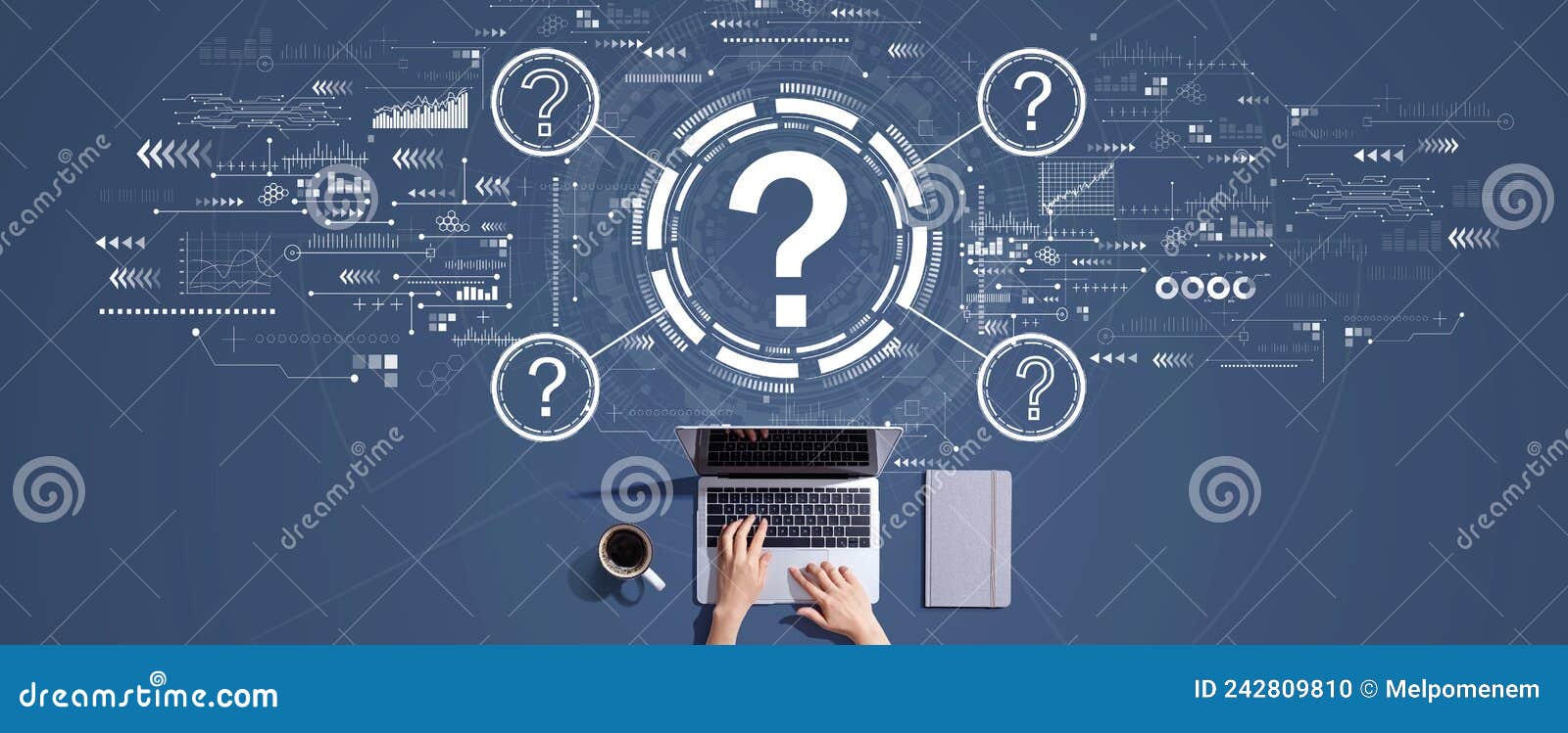 Question Marks with Person Working with Laptop Stock Photo - Image of ...