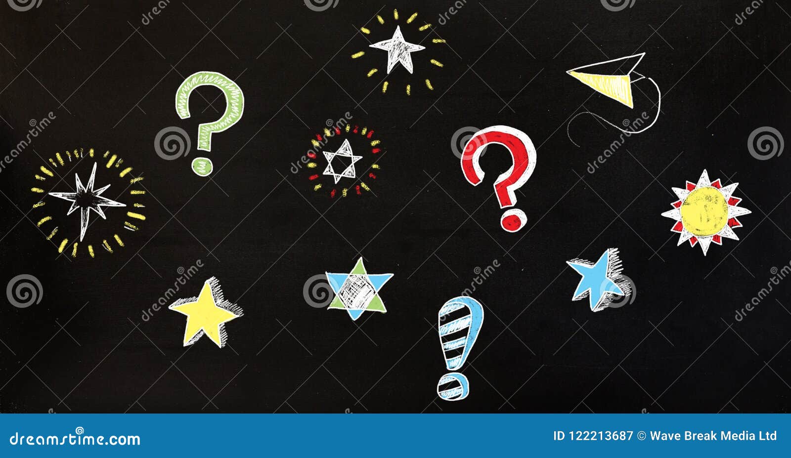 Question Marks and Stars Drawing on Blackboard Stock Image - Image of ...