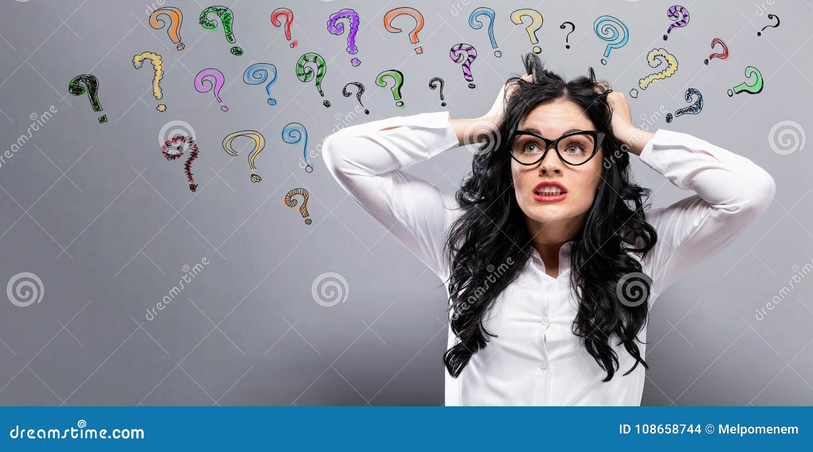 Question Marks with Woman Feeling Stressed Stock Photo - Image of mark ...