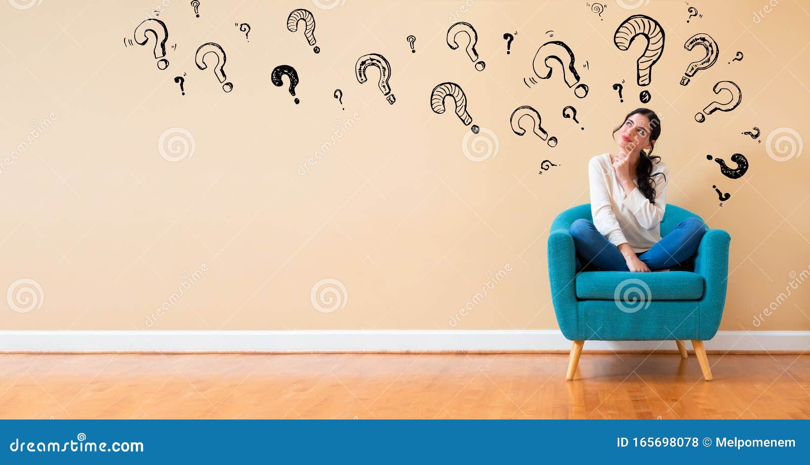 Question Marks with Woman in a Thoughtful Pose Stock Photo - Image of ...
