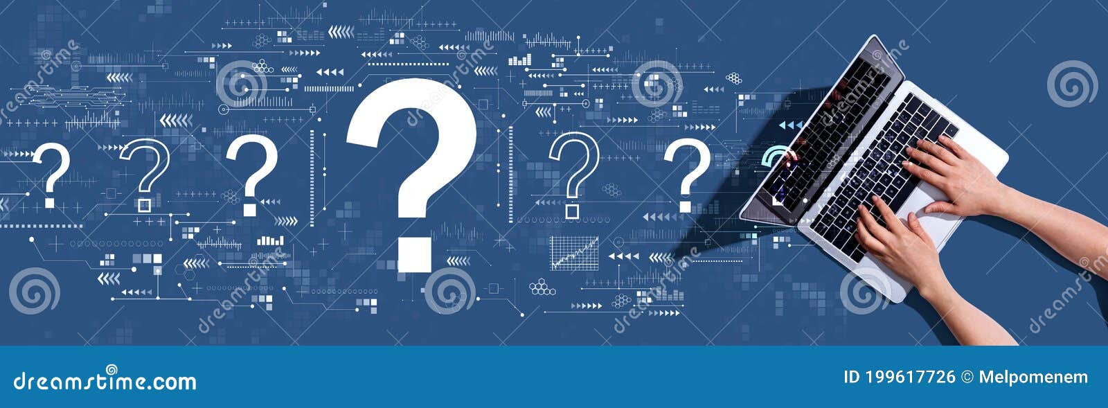 Question Marks with Woman Using a Laptop Stock Illustration ...