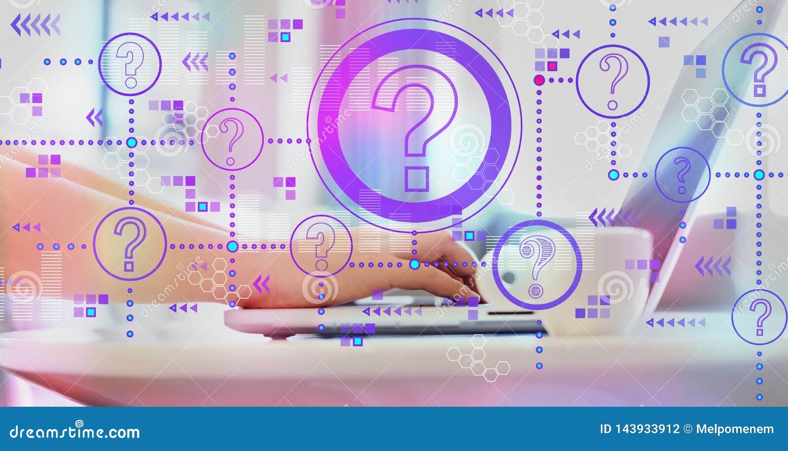 Question Marks with Woman Using a Laptop Stock Photo - Image of purple ...