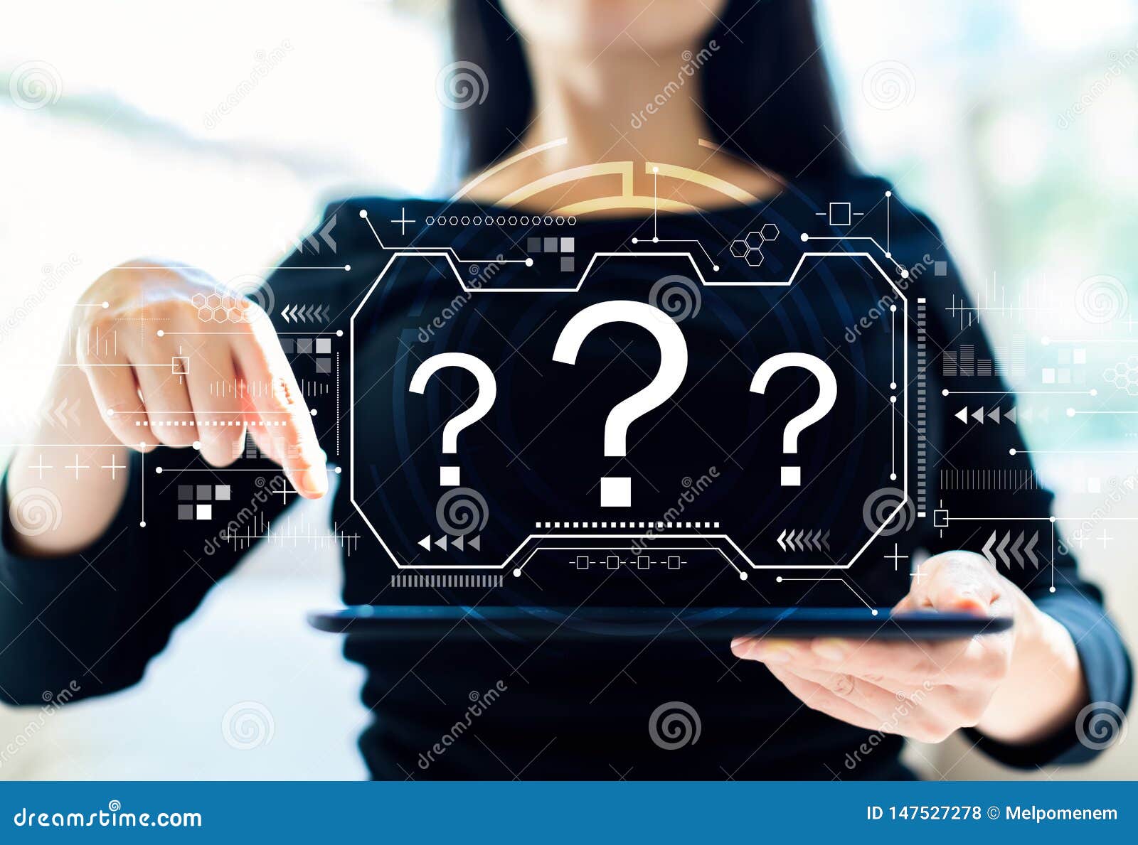 Question Marks with Woman Using Tablet Stock Photo - Image of ...