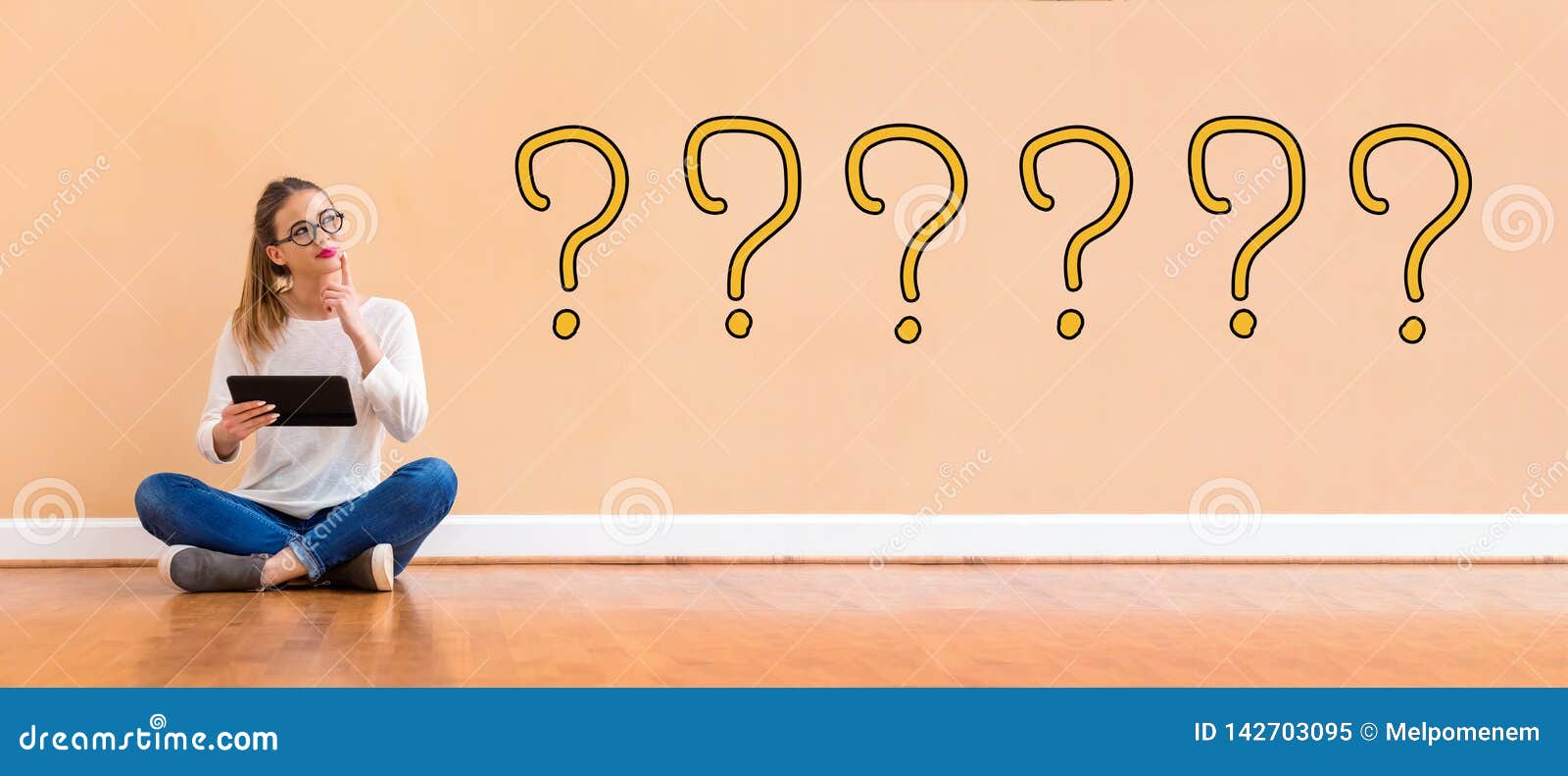 Question Marks with Woman Using a Tablet Stock Illustration ...
