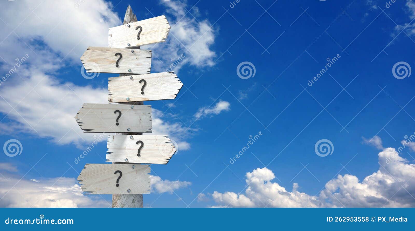 Question Marks - Wooden Signpost with Six Arrows Stock Photo - Image of ...