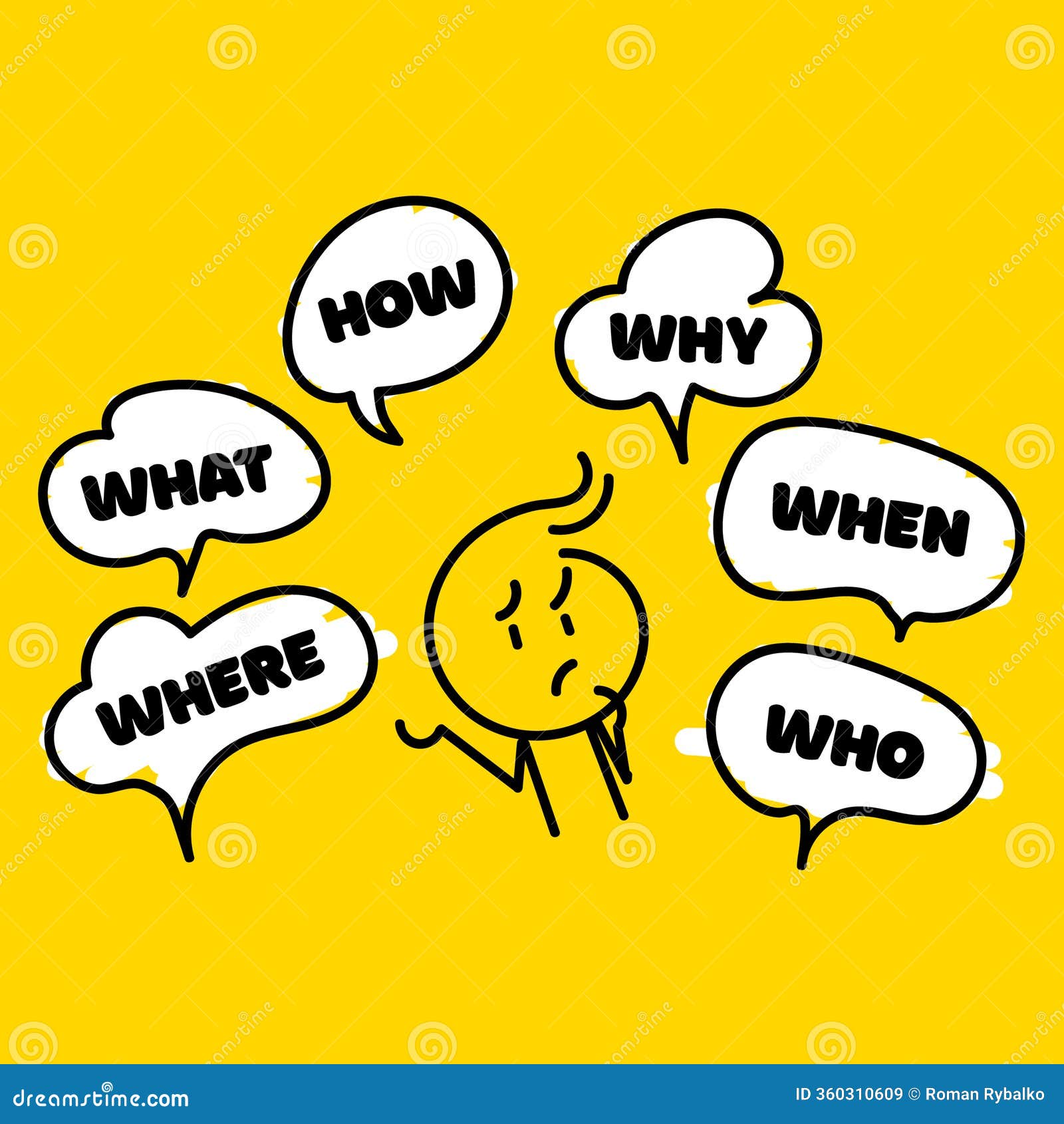 Question Who, What, How, Why, for What and Where. Speech Bubble with ...