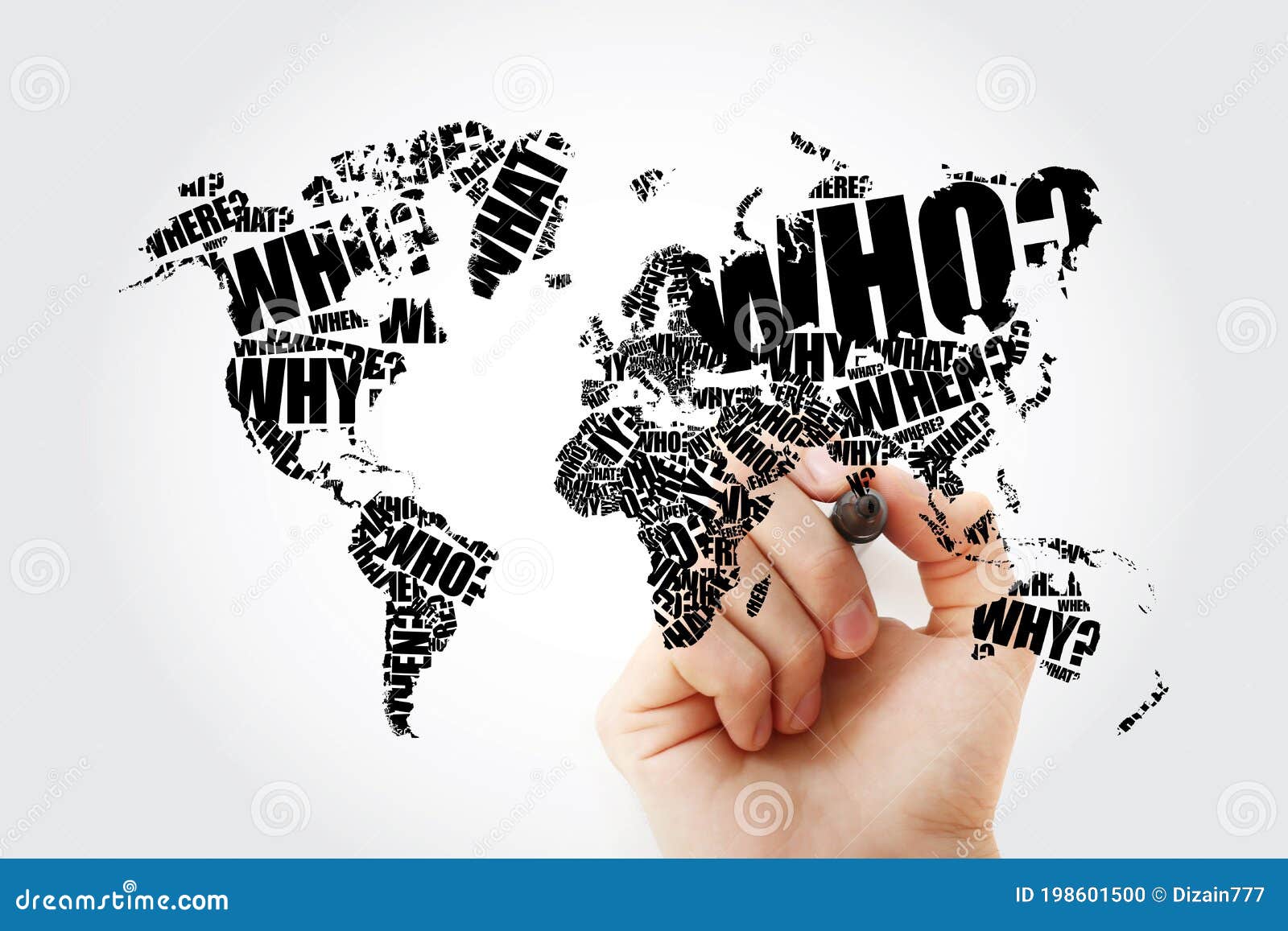 Question Words World Map in Typography, Words Cloud with Marker ...