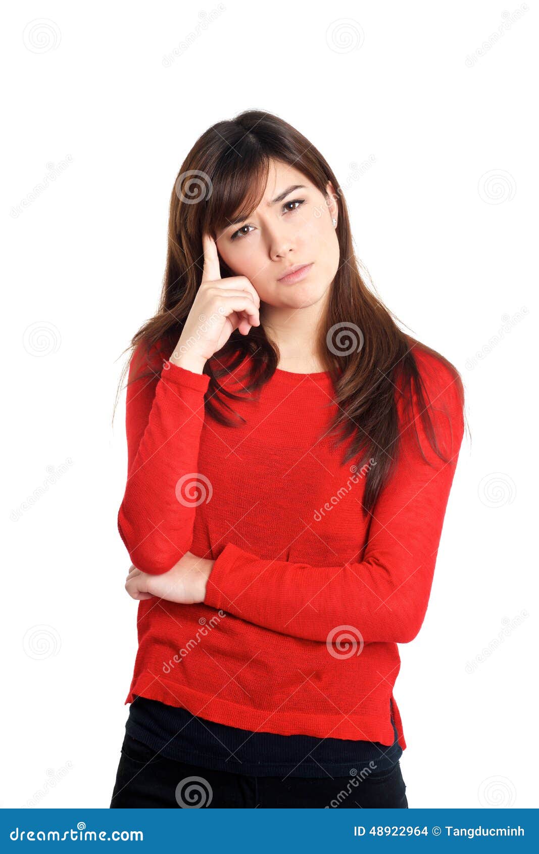 Questioning Hand Gesture Woman in Red Stock Photo - Image of mixed ...