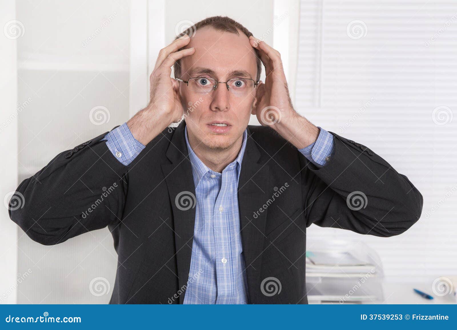 Questioningly Bald Engineer or Specialist Sitting at Desk. Stock Image ...