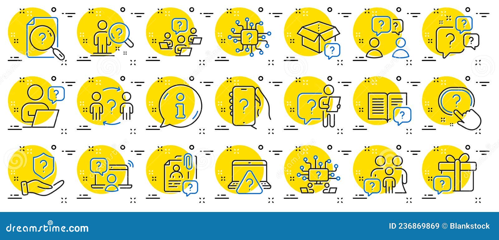 Questions Line Icons. Artificial Intelligence Computer, Phone with Question Mark, Problem Solve ...