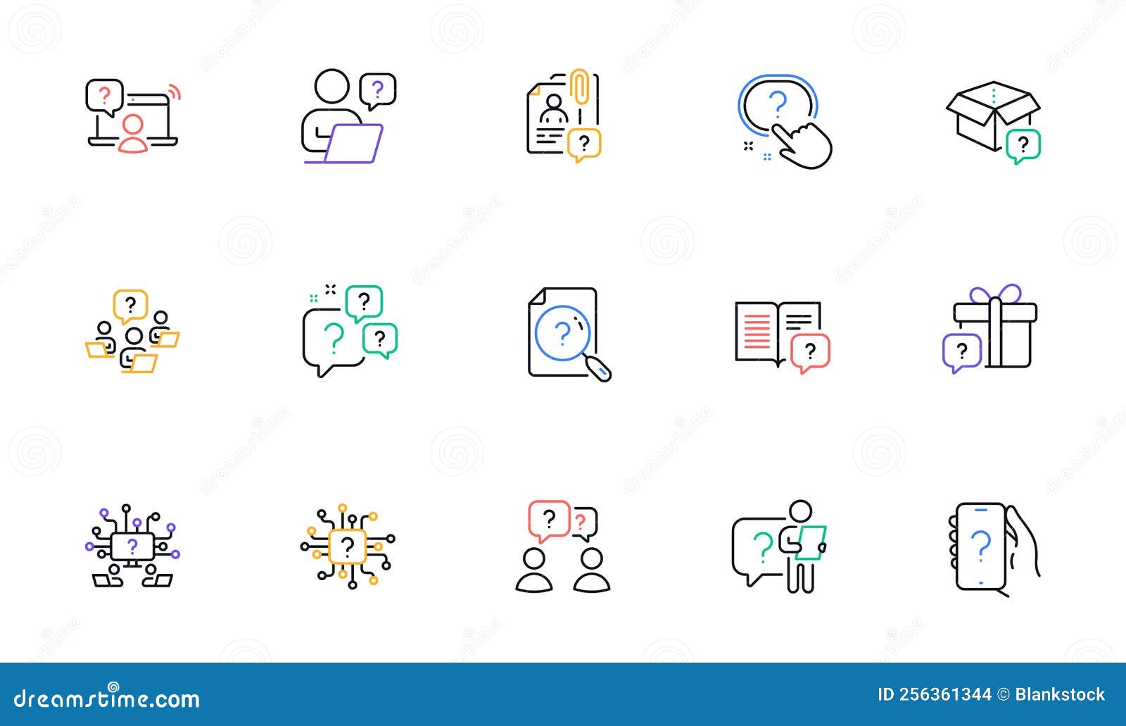 Questions Line Icons. Artificial Intelligence Computer, Phone with Question Mark, Problem Solve ...