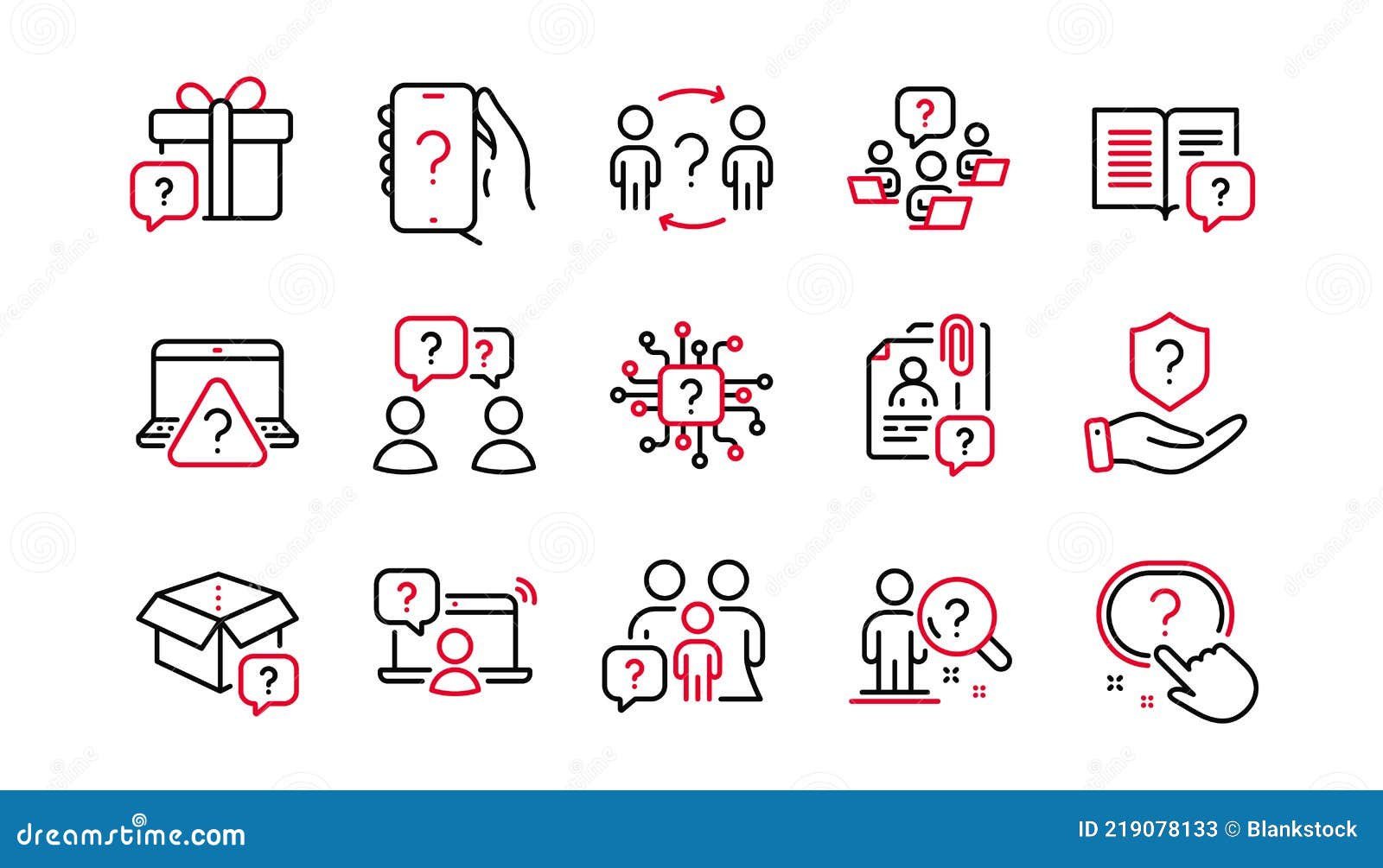 Questions Line Icons. Problem Solve, Artificial Intelligence Computer, Phone with Question Mark ...